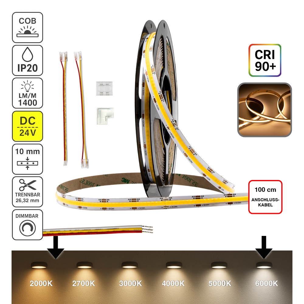 LED Streifen COB CCT 24V - 2200 - 6000K einstellbar - IP 20 - 1400 l/m ...